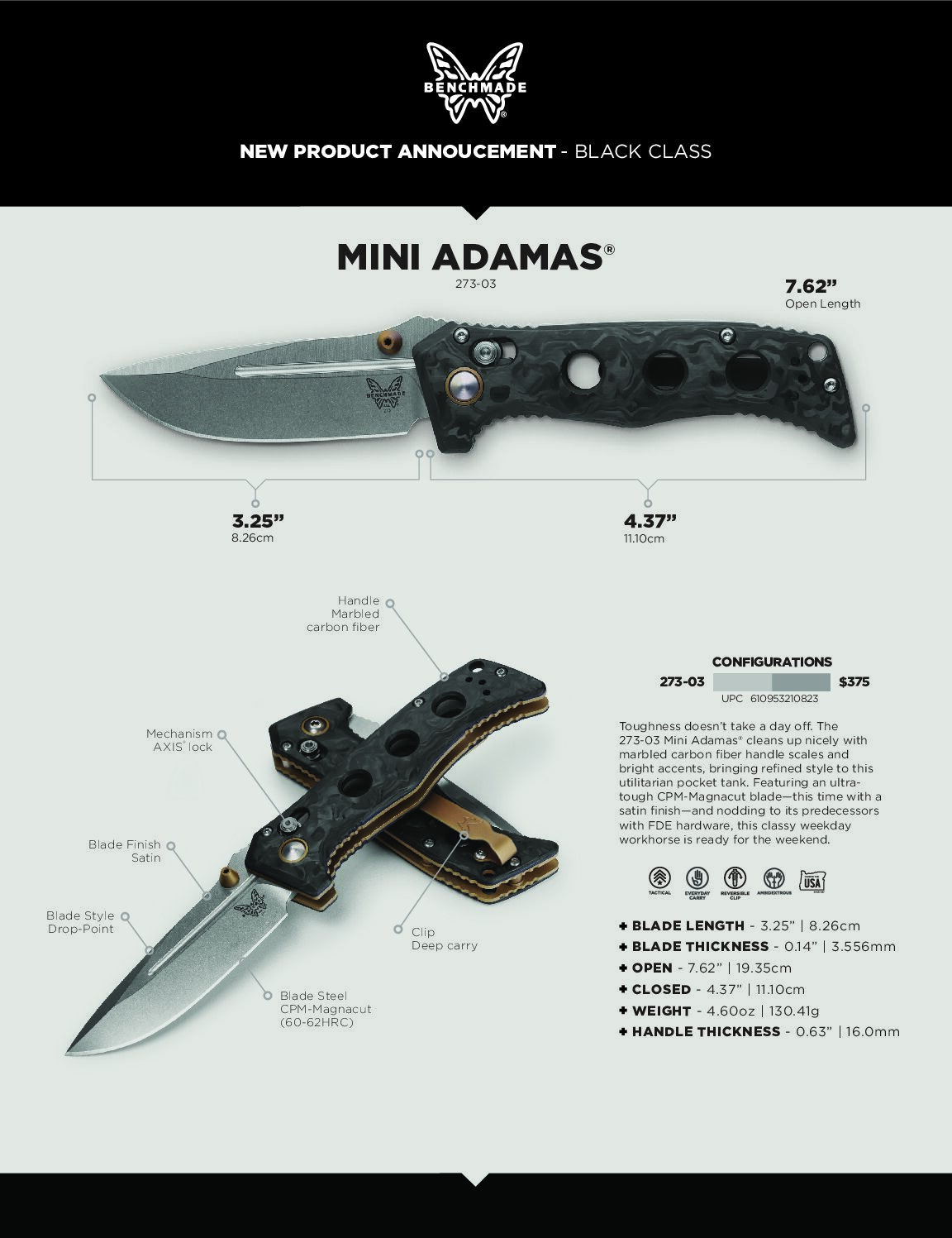 Benchmade 273-03 Mini Adams, 3.25" CPM-MagnaCut Blade, Carbon Fiber ...