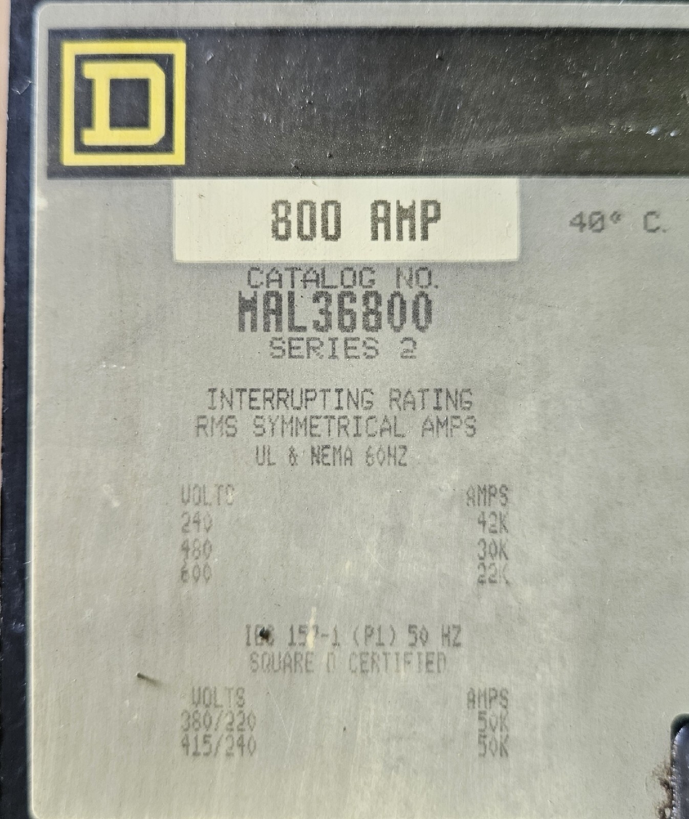 Square D MAL36800 800A Circuit Breaker 600V Type MAL S2 MAL36800 800 ...