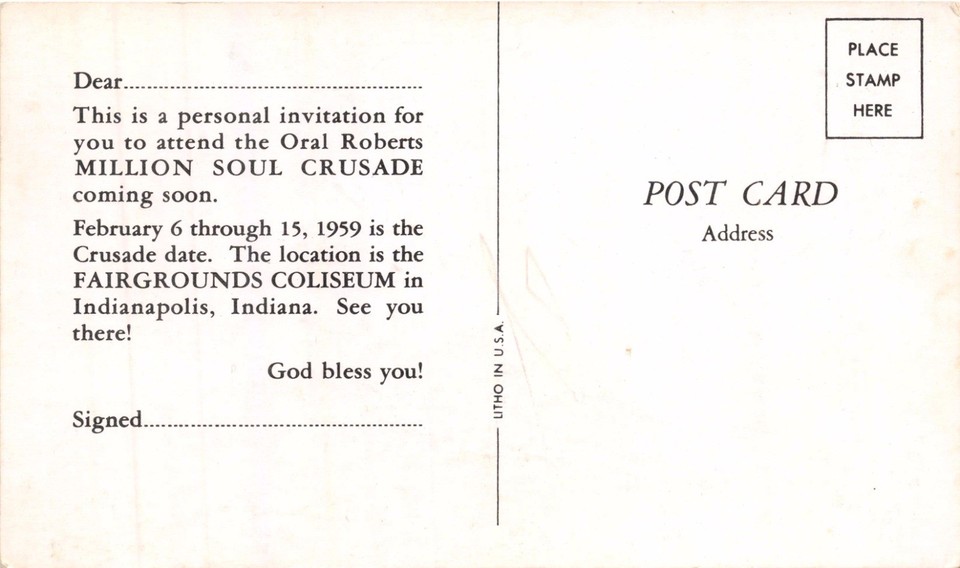 INDIANAPOLIS INDIANA~ORAL ROBERTS MILLION SOUL CRUSADE INVITATION ...