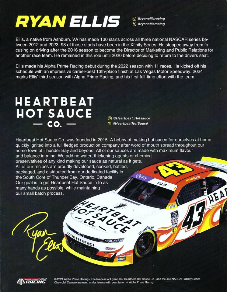 2024 RYAN ELLIS “HEARTBEAT HOT SAUCE” #43 NASCAR XFINITY SERIES ...