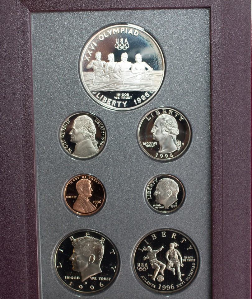 1996 US PRESTIGE Proof 7 Coin Olympic Rowing Silver Dollar Soccer Half ...