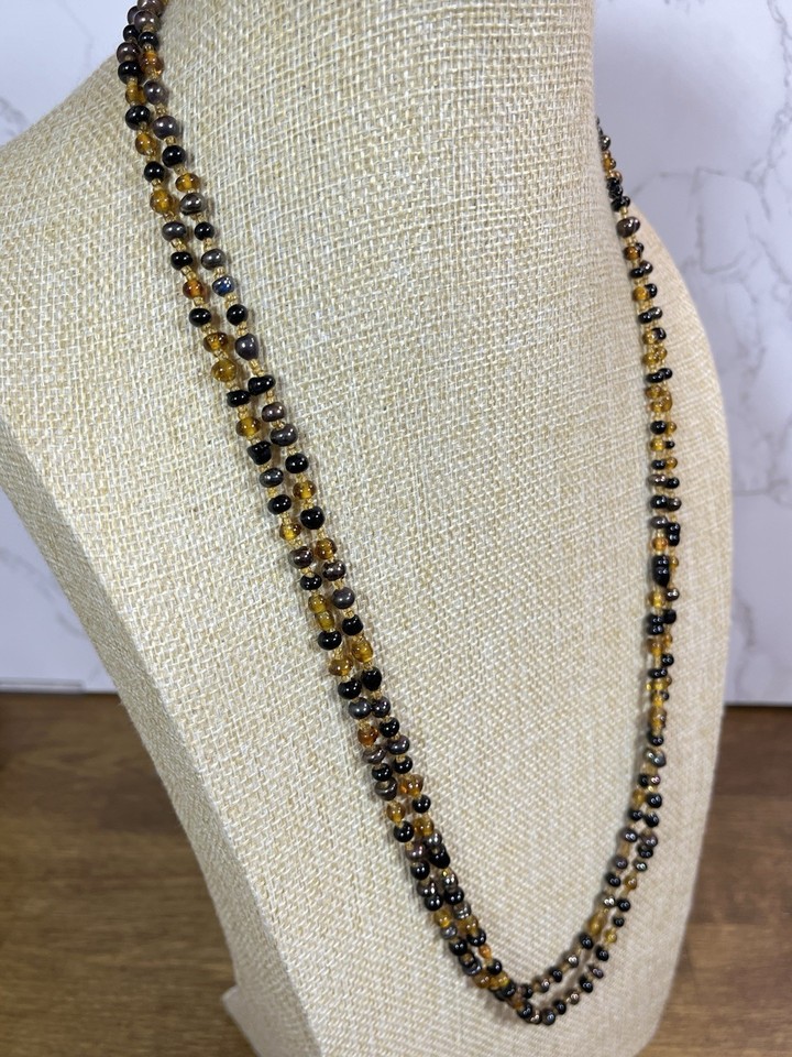 Glass Bead Necklace Long Mixed Brown Cognac Iridescent & Yellow Flapper ...