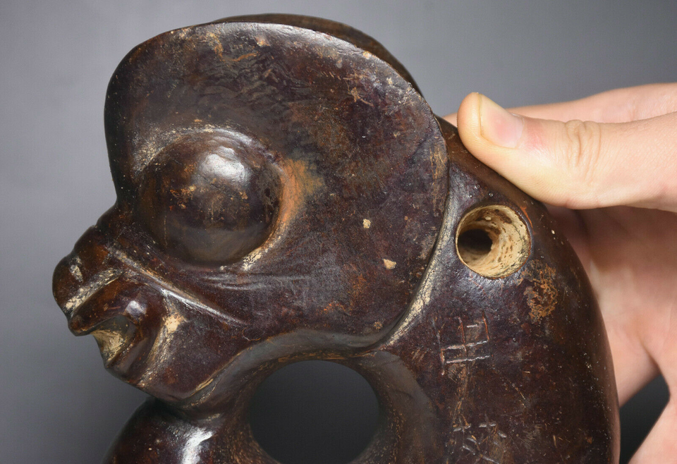 7" Old China Liangzhu Culture Jade Yu Pig Dragon Hook Fetal Inscription ...