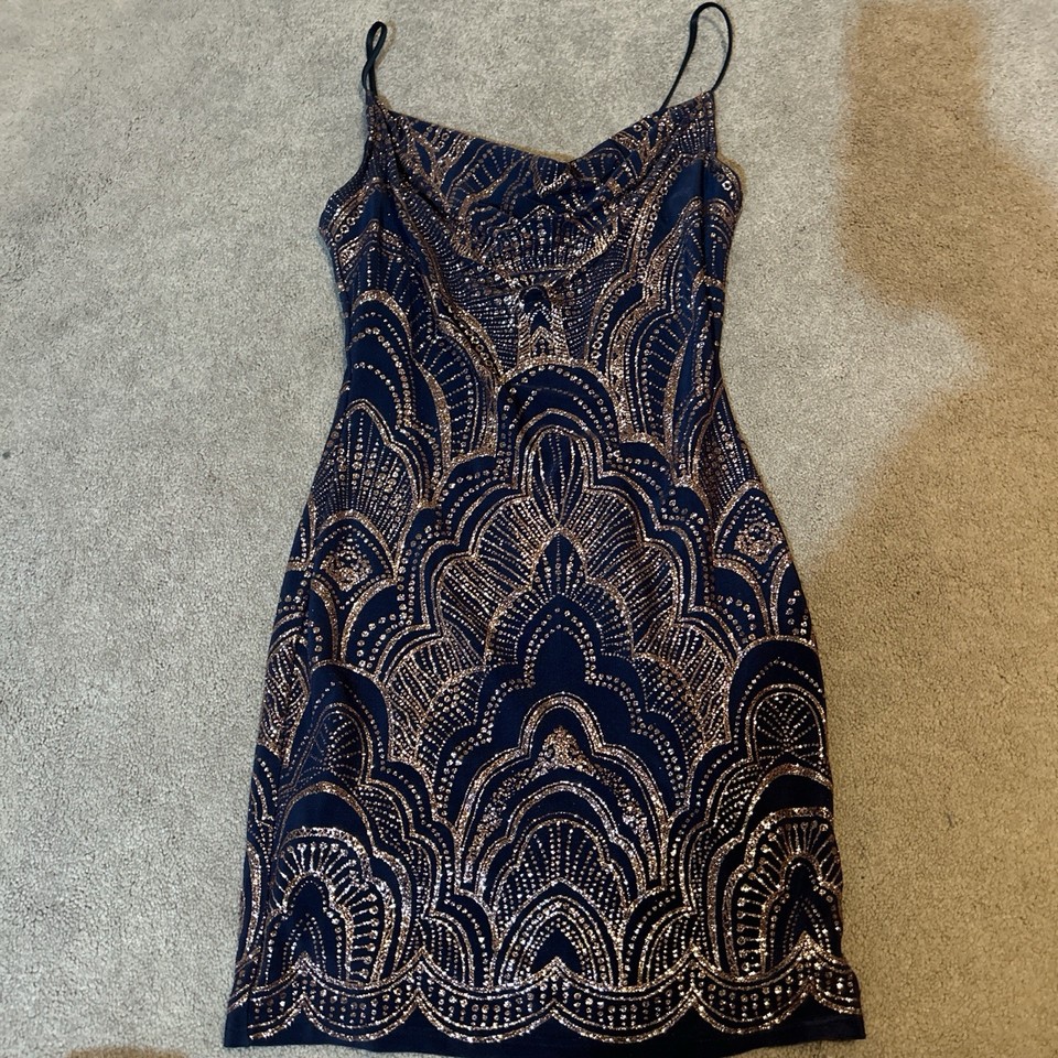 Y2K Jump Dress Navy and Rose Gold Glitter Mini Body-con Draped Neckline ...