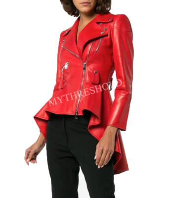 New Women's Genuine Lambskin Peplum Waist Designer Biker Leather Jacket ...