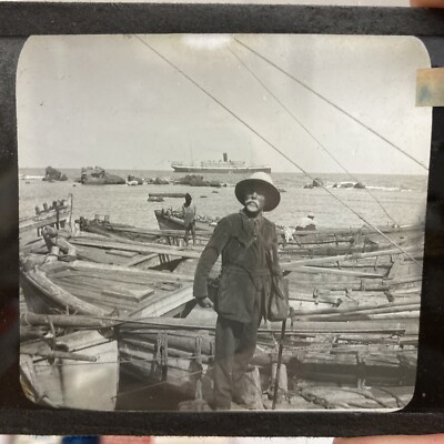 Vintage Glass Magic Lantern Slide Projection Man In Front Of Dock AF554 ...