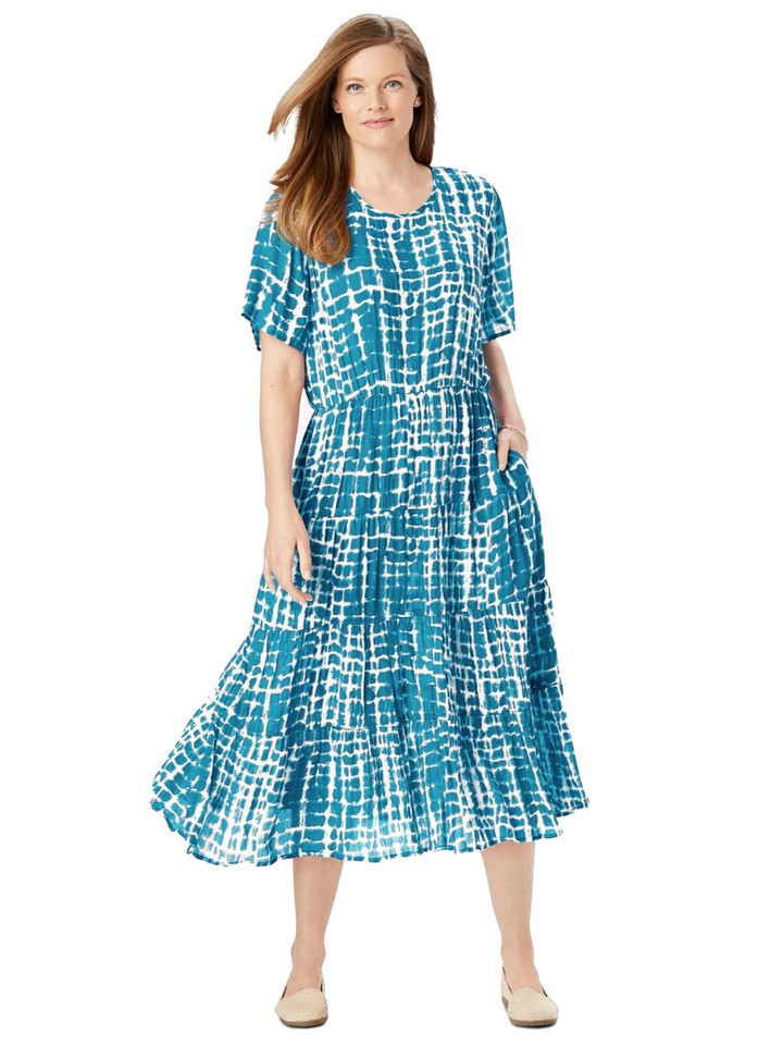 Woman Within Dress Tye Dye Green Blue Crinkle Tiered Plus Outsize 32 ...