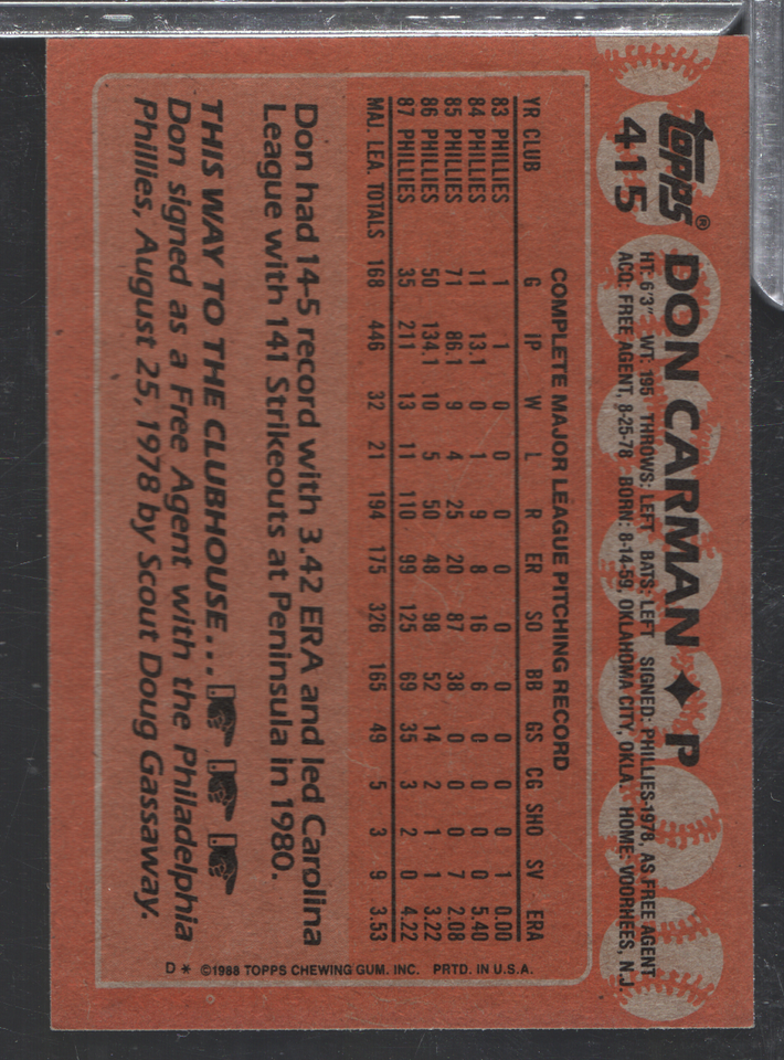 Don Carman Phillies Autographed 1988 Topps #415 w/COA 021224NPCD325 | eBay