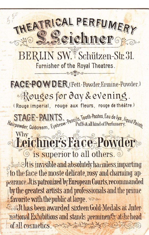 Theatrical Perfumery L Leichner's Face Powder Berlin SW Face Vict Card ...