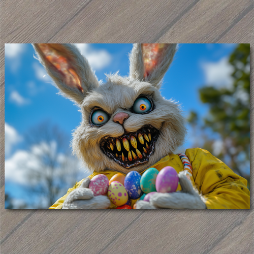 FLATCARD Scary Easter Bunny Wide Eyes Creepy Smile Holding Painted Eggs ...