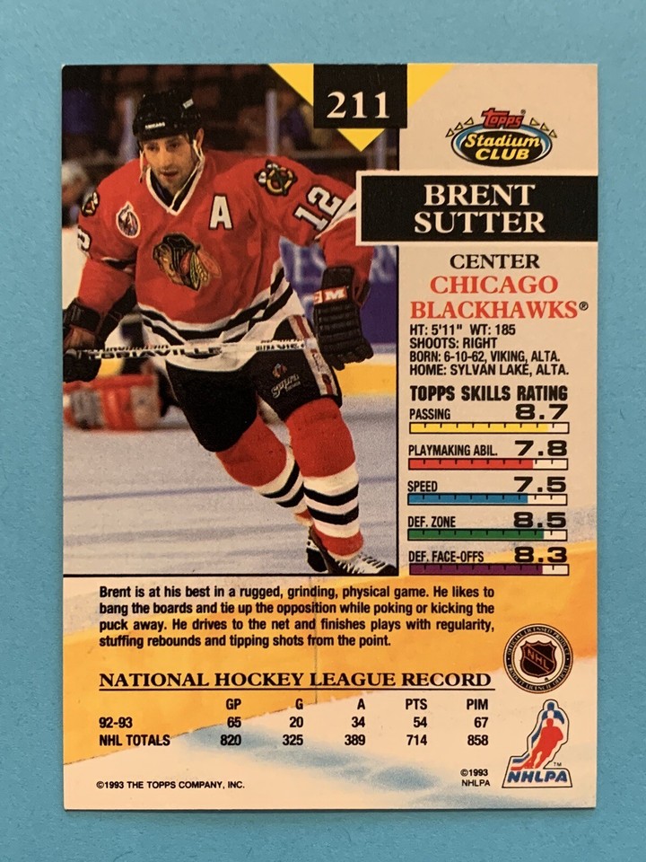BRENT SUTTER Signed 1993-94 TSC #211 Blackhawks Islanders Autograph ...