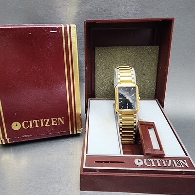 Citizen Tank Watch Men 25mm Black Dial Gold Tone Rectangle NOS 3630 New ...