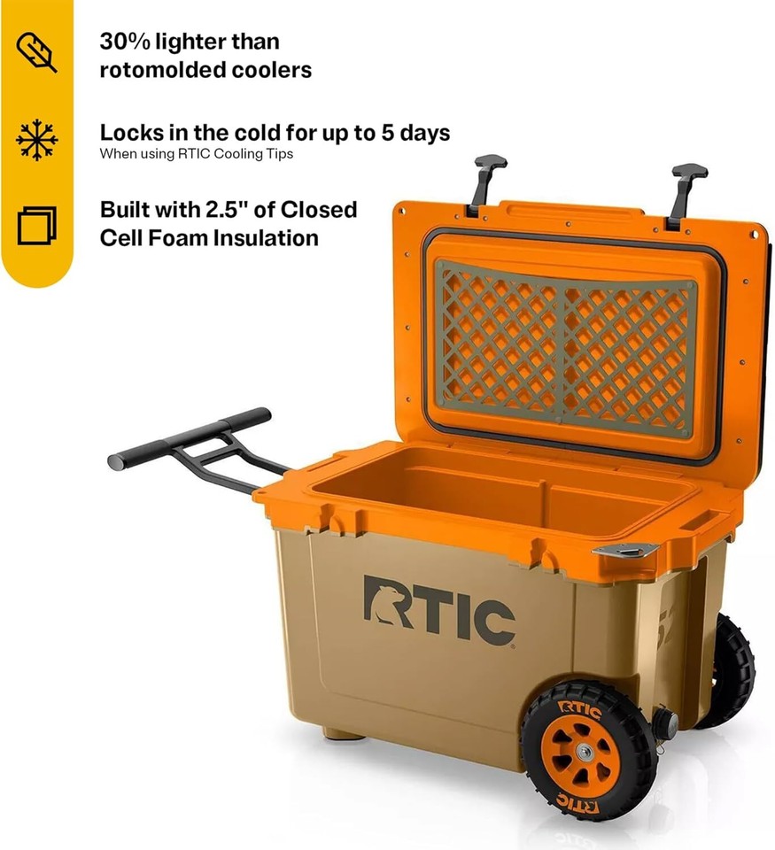 RTIC 52 Quart Light Wheeled Hard Cooler Insulated Ice Chest Box ...