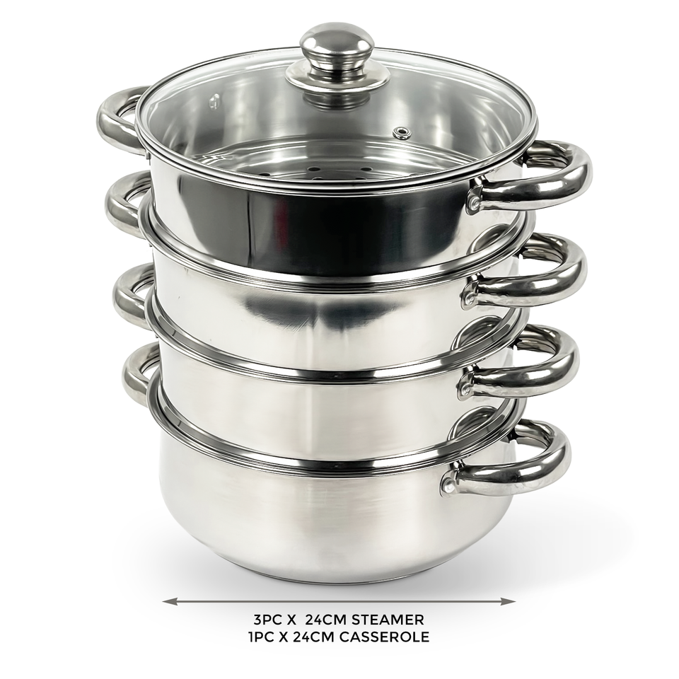 STEEL INDUCTION HOB STEAMER 4TIER 24CM MULTI VEG S/S COOKER POT PAN W ...