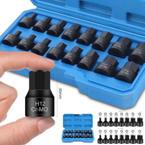 16pcs 3/8" Drive Impact Hex Socket Bit SAE + Metric Set H6-H19 Allen ...