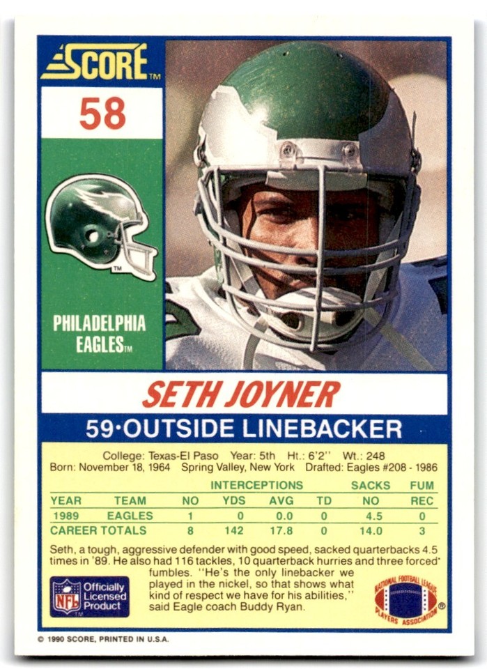 1990 Score Seth Joyner Philadelphia Eagles #58 | eBay