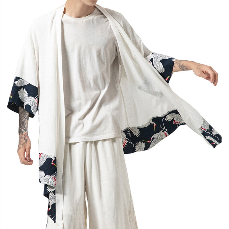 Men Linen Blend Haori Cardigan Kimono Yukata Robe Happi Coat Shirt Tee ...