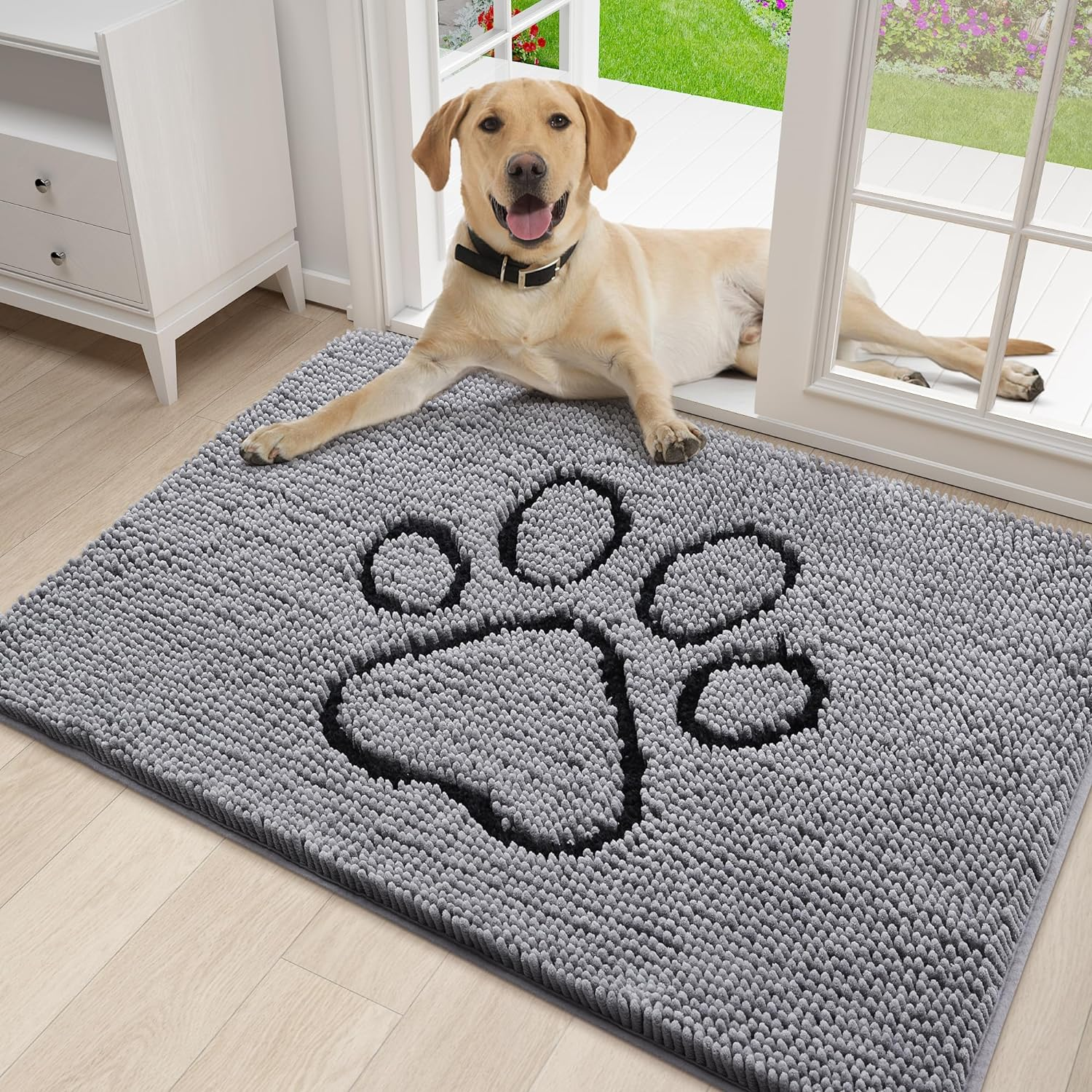 Dog Door Mat for Muddy Paws, Absorbent Dirt Trapper Non-Slip Washable ...