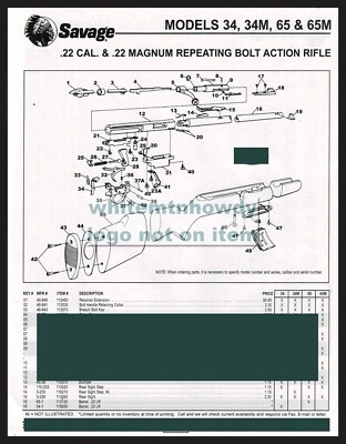 1999 SAVAGE 34, 34M, 65, 65M Bolt Action Rifle Schematic Parts List | eBay