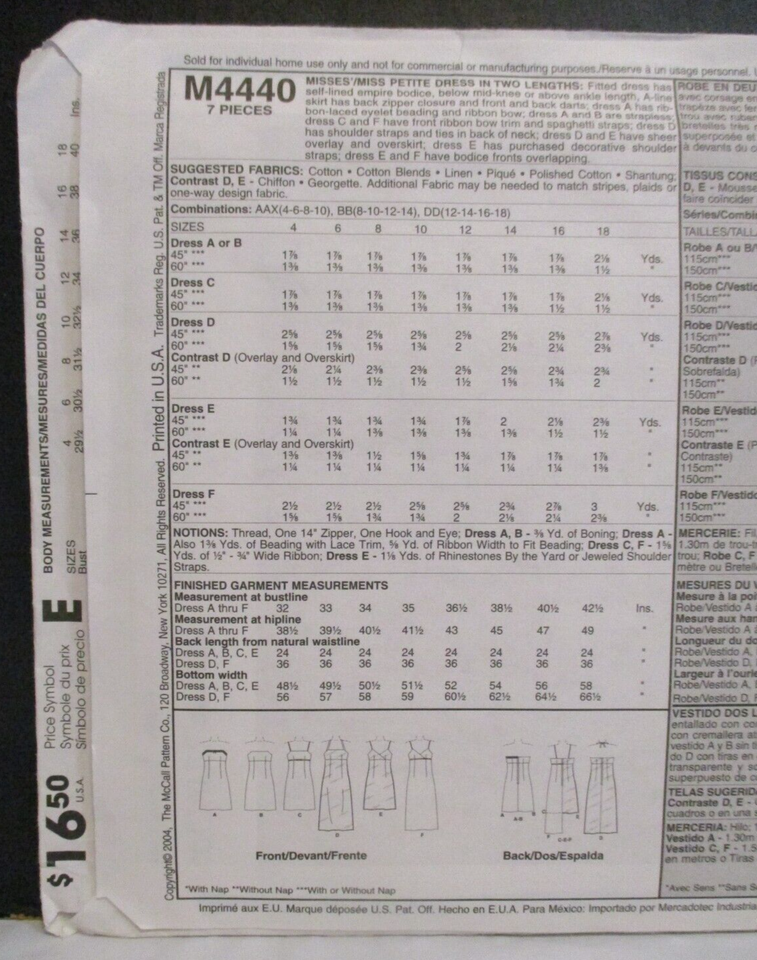 McCall's Pattern 4440 Misses Fitted Dress Two Lengths Size AAX (4-6-8 ...