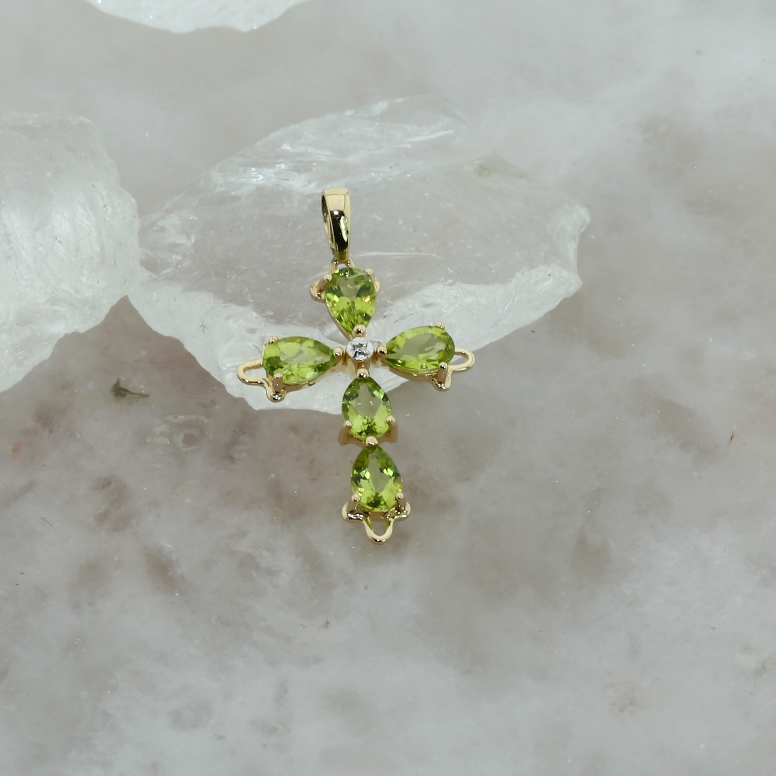 14K Yellow Gold Peridot and Diamond Cross * - Gem