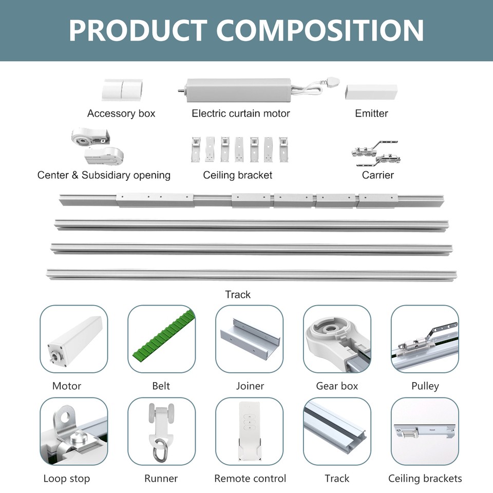 87"-244" Motorized Curtain Track Motor Automatic Remote Control Wifi ...