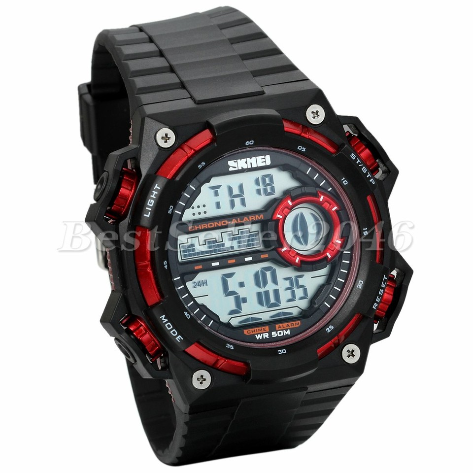 Fashion Sports Men Black Rubber Shock Resistant Electronic Wrist Watch ...