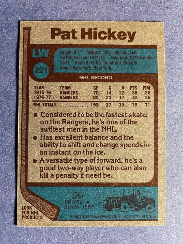 SIGNED PAT HICKEY 1977 AUTOGRAPHED TOPPS HOCKEY CARD - RANGERS | eBay