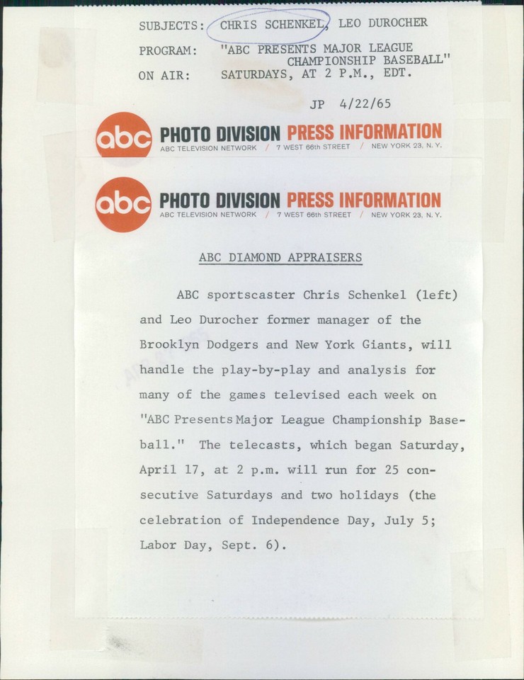1965 Press Photo Sportscaster Chris Schenkel & Leo Durocher on MLB ...