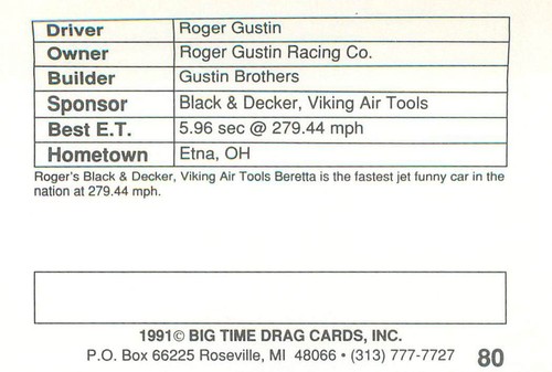 1991 Big Time Drag Cards - #80 Roger Gustin for sale online | eBay