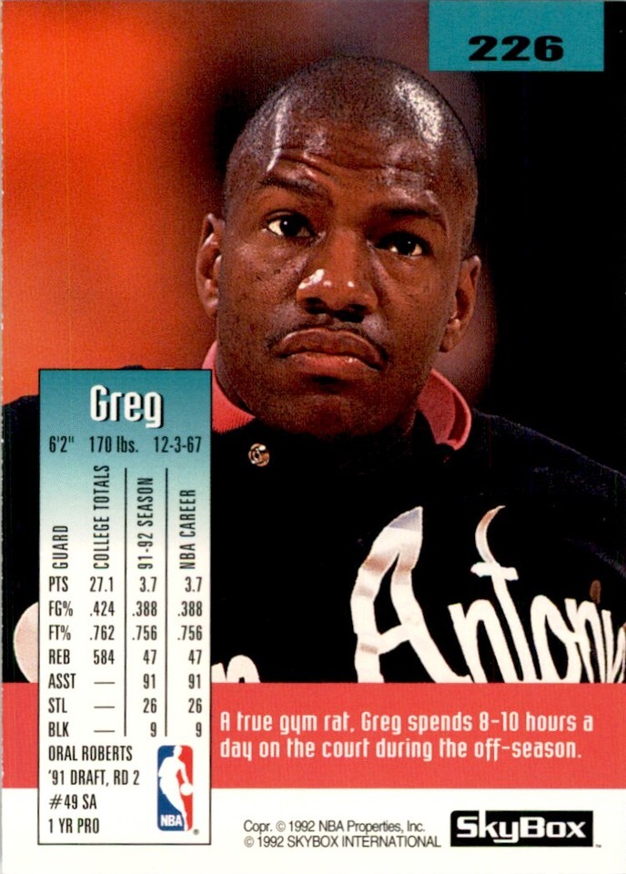1992-93 SkyBox Greg Sutton San Antonio Spurs #226 | eBay