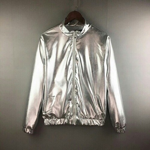Mens Shiny Jacket Silver Gold Reflective Zip Tops Hip Hop Fashion ...