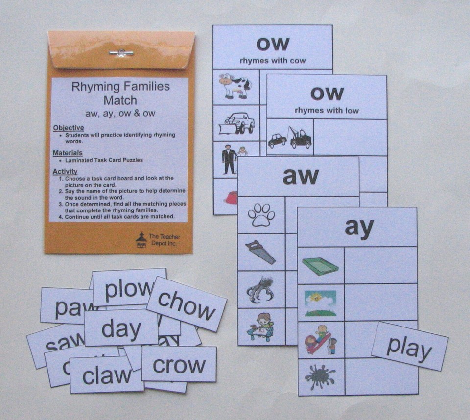 Educational Literacy Center Resource Game Rhyming Families aw, ay, ow ...