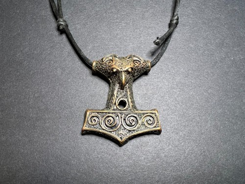 Skane Mjolnir Thor Hammer Norse Viking Bronze Raven Head Pendant Rope ...