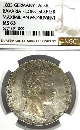German States Bavaria 1835 Taler Coin Thaler NGC MS 63 F.STG/STG UNC ...