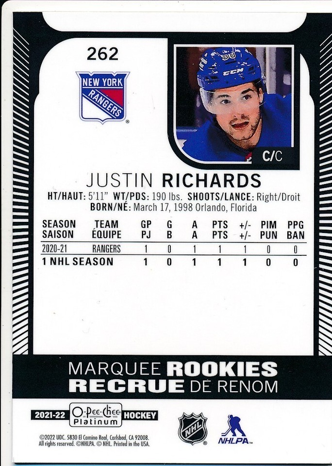 #262 JUSTIN RICHARDS 2021-22 O-Pee-Chee OPC Platinum MARQUEE ROOKIES RC ...