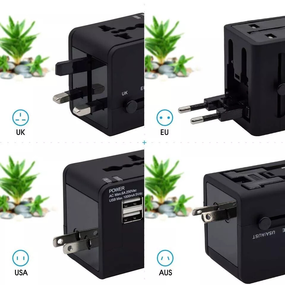 Travel Adapter Worldwide Multi Plug charger UK EU AU US 2USB Ports ...