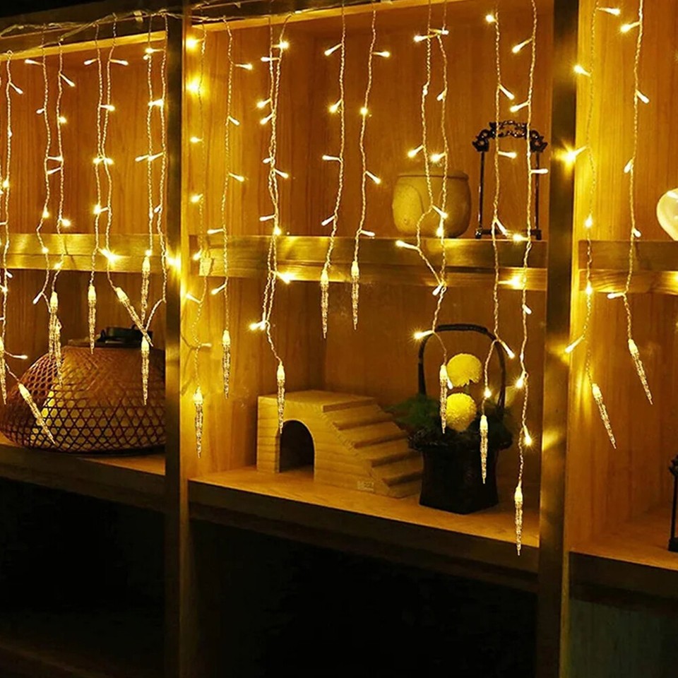 Christmas LED Icicle Falling Rain Curtain Fairy String Lights Outdoor ...