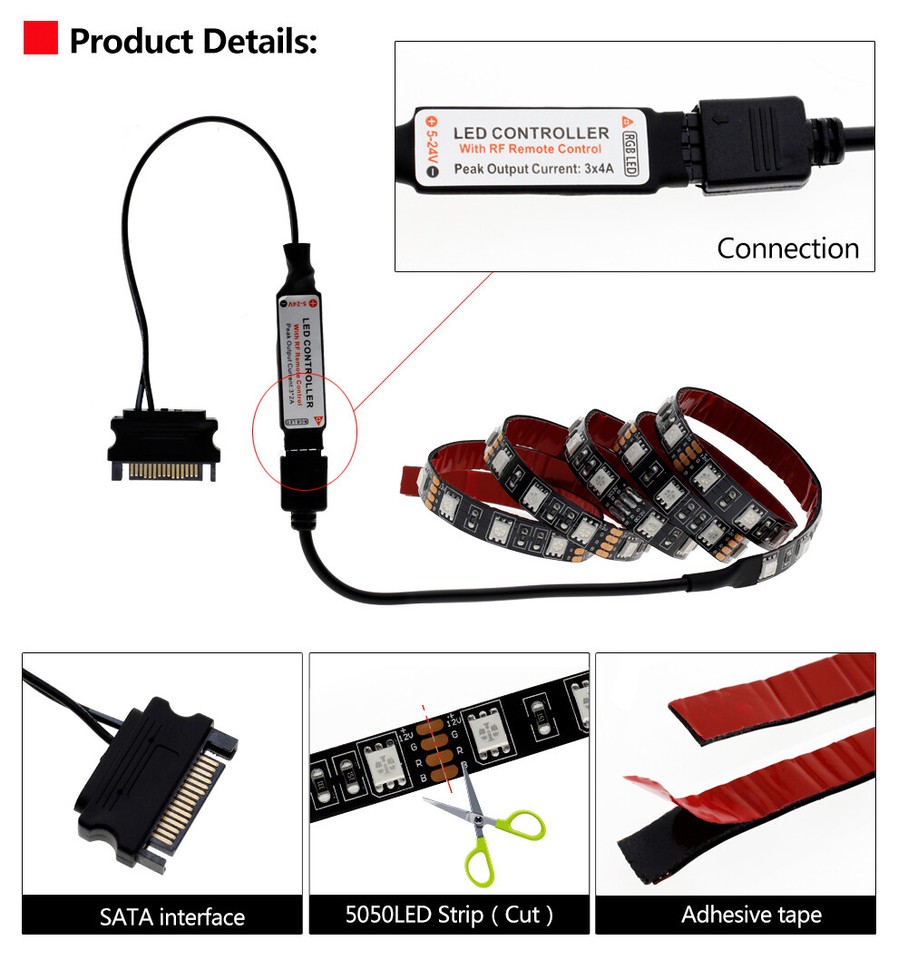5050 RGB LED Strip tape Light PC Sata Computer Case Full Kit RF Remote ...