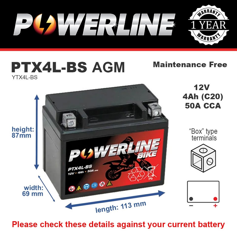 Powerline YT4LBS 12v Motorbike Motorcycle Quad Bike Battery Replaces ...