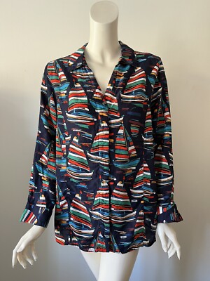 Soft Surroundings Blue Navy Boat Print Sail Away Button Down Tunic Top ...