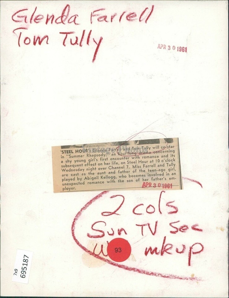 1961 Actor Tom Tully Glenda Farrell Summer Rhapsody Celebrity 7X9 ...