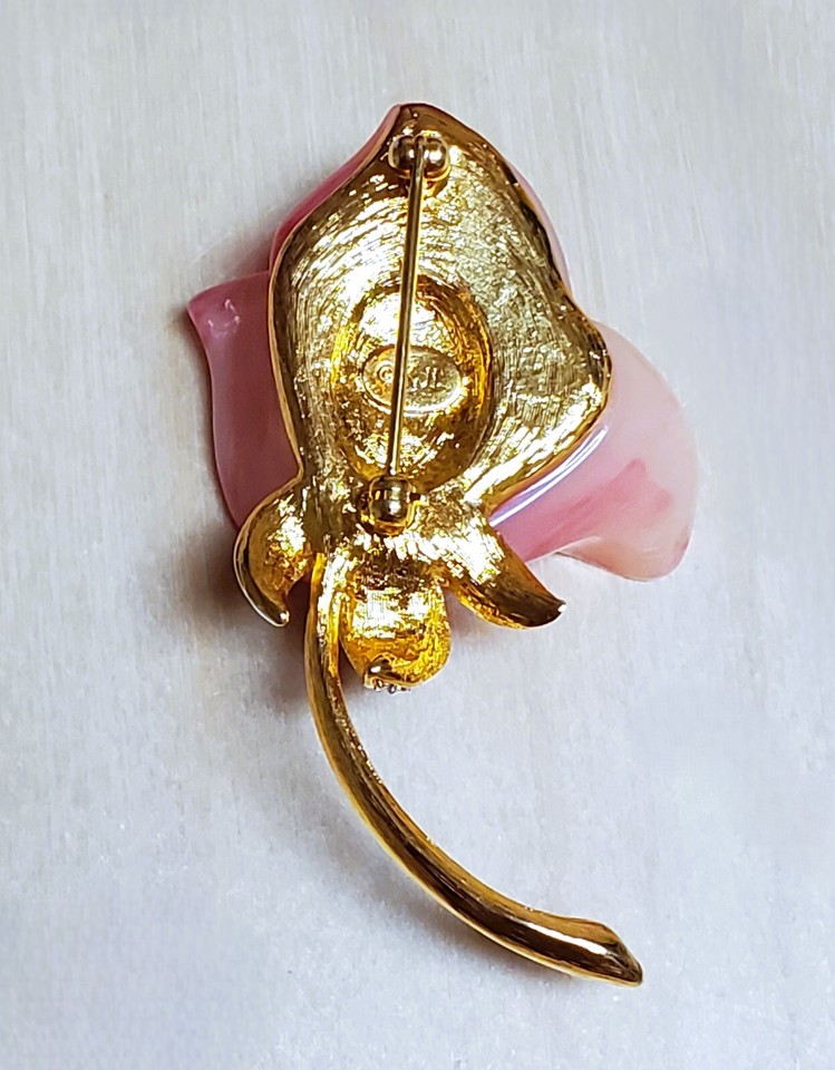 NEW Kenneth J Lane KJL Pink Rose Flower Pin Brooch Lucite Rhinestones Goldtone | eBay
