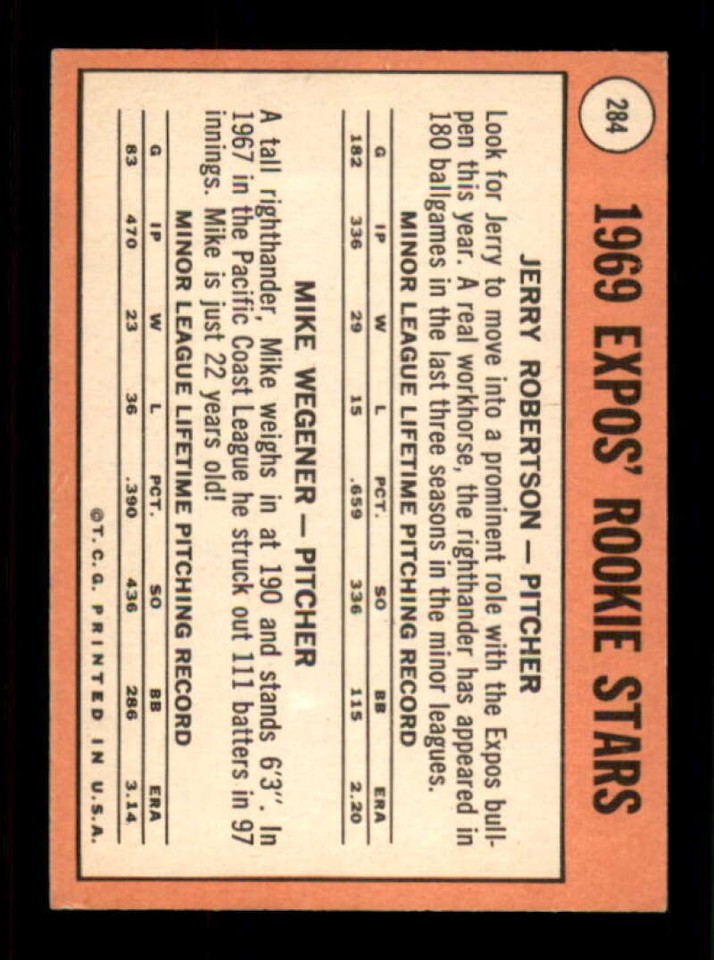 1969 Topps #284 Jerry Robertson/Mike Wegener VG/VGEX RC Rookie Expos ...
