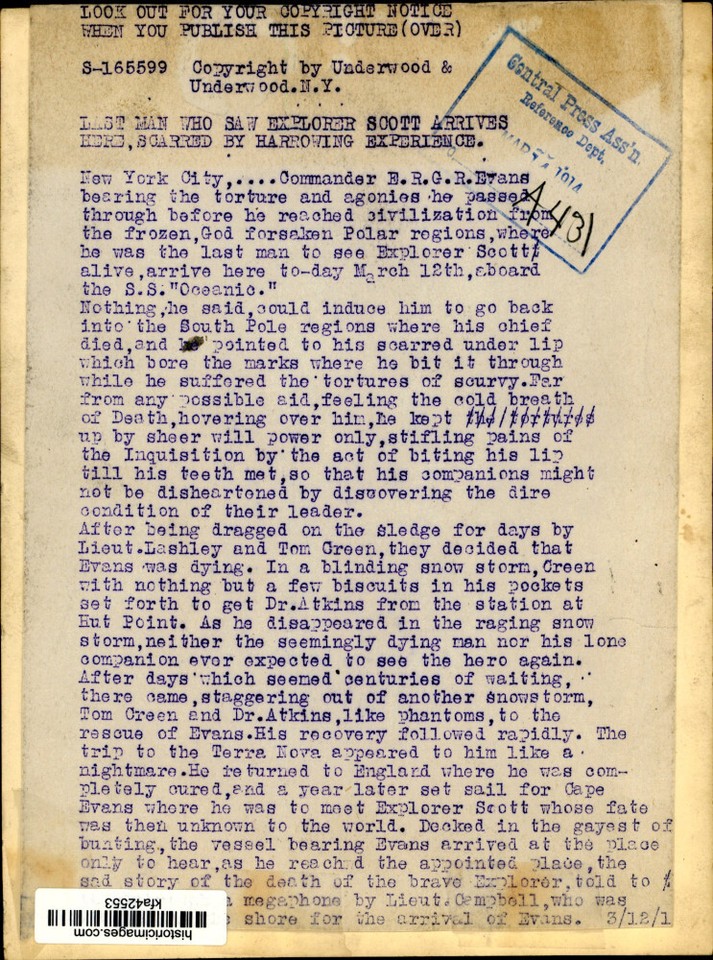 1914 Press Photo Commander E.R.G.R. Evans, Last Man To See Explorer ...