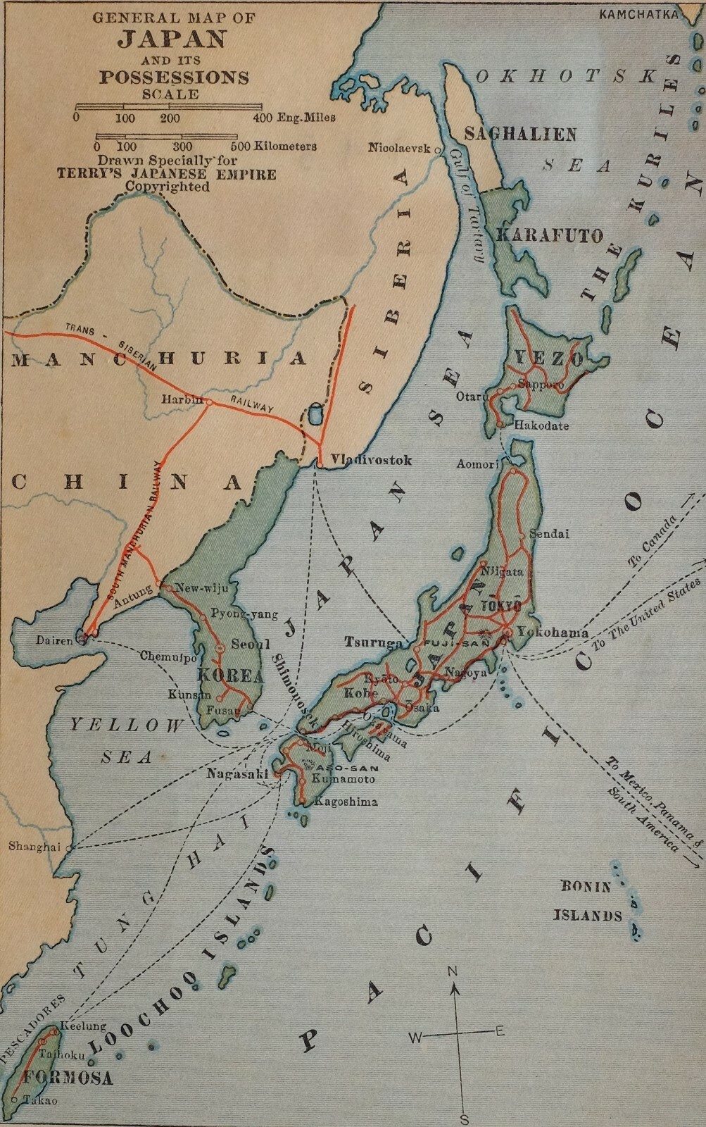 1914 JAPAN JAPANESE MAP JAPAN & POSSESSIONS YEZO KOREA KARAFUTO FORMOSA ...