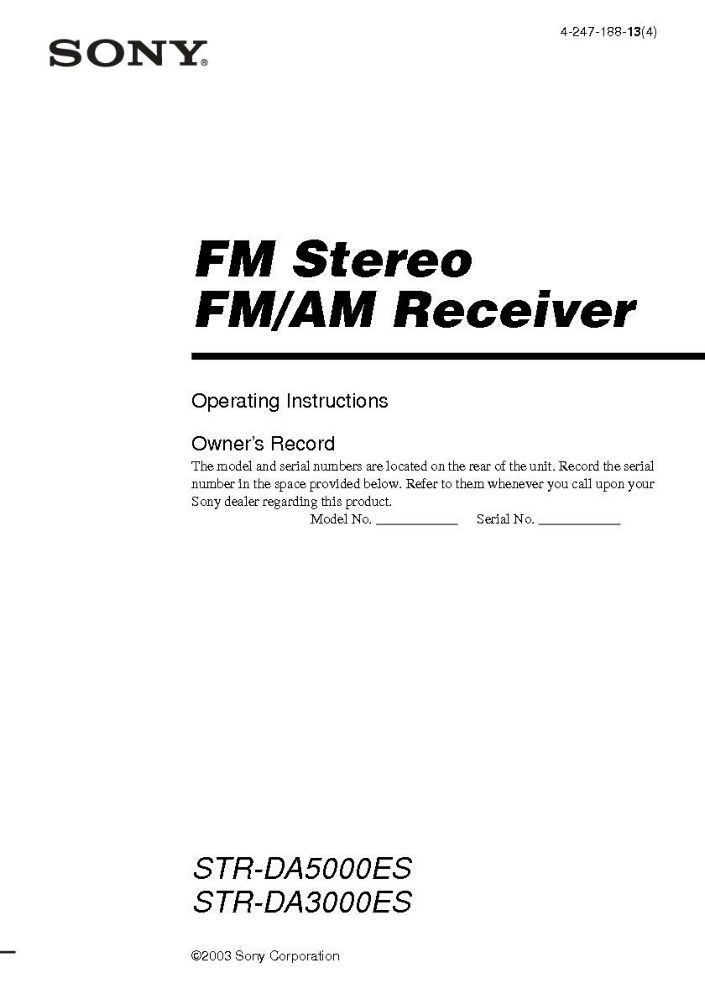 Sony STR-DA5000ES STR-DA3000ES AV Receiver Owners Manual Printed or PDF ...