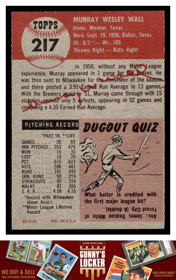 1953 Topps Murray Wall 217 Milwaukee Braves | eBay