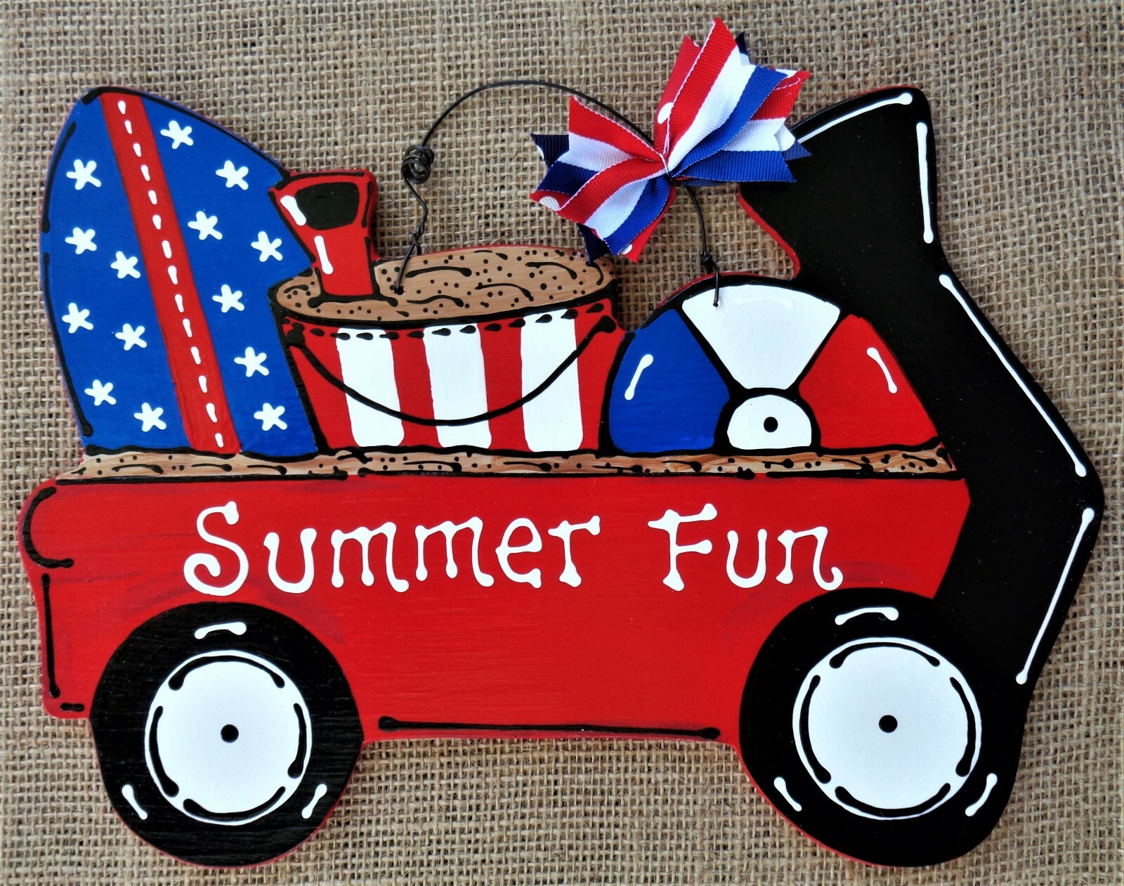 AMERICANA Summer Fun RED WAGON SIGN Wall Art Door Hanger Plaque Porch ...