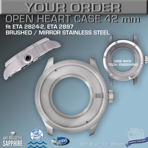 WATCH CASE OPENHEART, Ø 42MM, ST.STEEL, fit MOV: ETA-2824, SW 200, PO24 ...